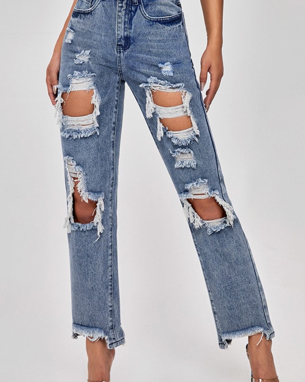 Frayed Hem Distressed Straight Leg Jeans