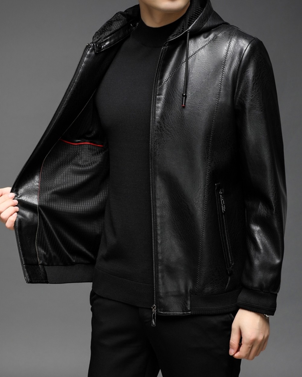 Men's Black Hoodie Leatherette Jacket