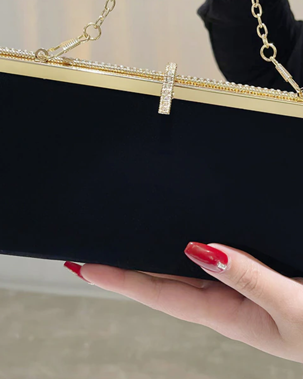 Black Velvet Gold Trim Staccato Rhinestone Clutch Purse